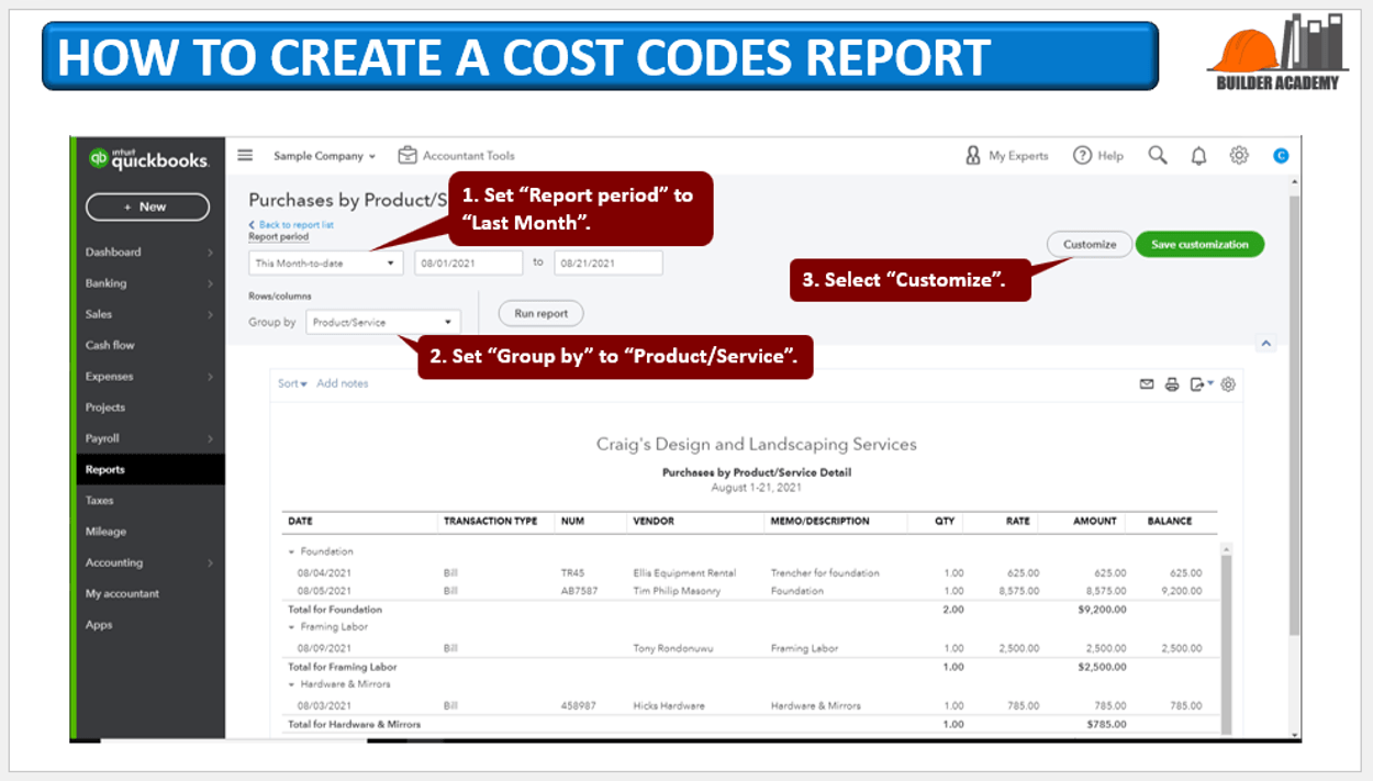 QBO-Create Cost Code Report – Builder Academy
